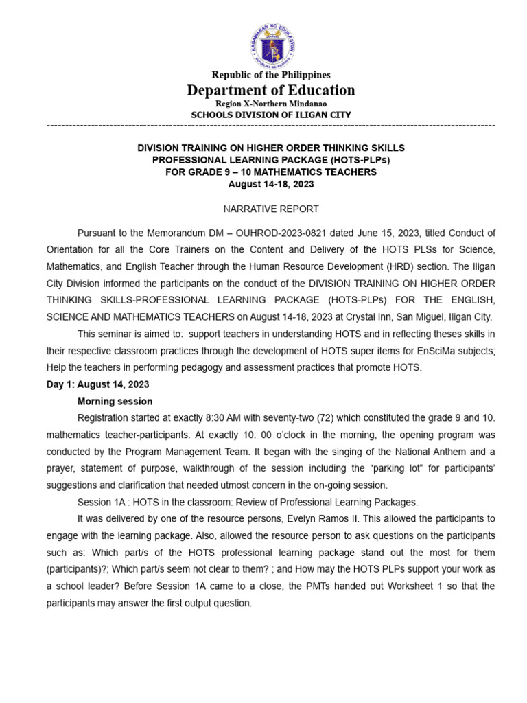 HOTS Training for Math Teachers Report | PDF | Career & Growth