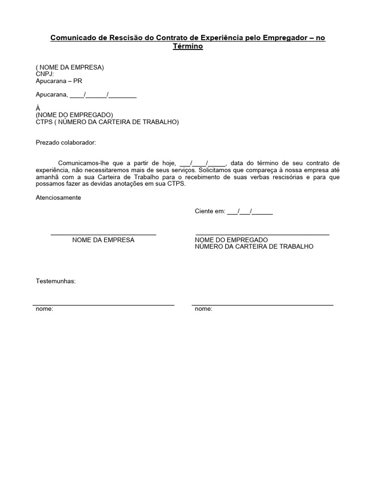 Aviso Termino Do Contrato de Experiencia | PDF | Finanças e ...