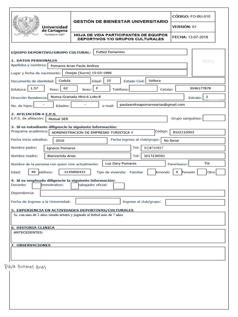 Formato Hoja de Vida - Deportistas UDC | PDF
