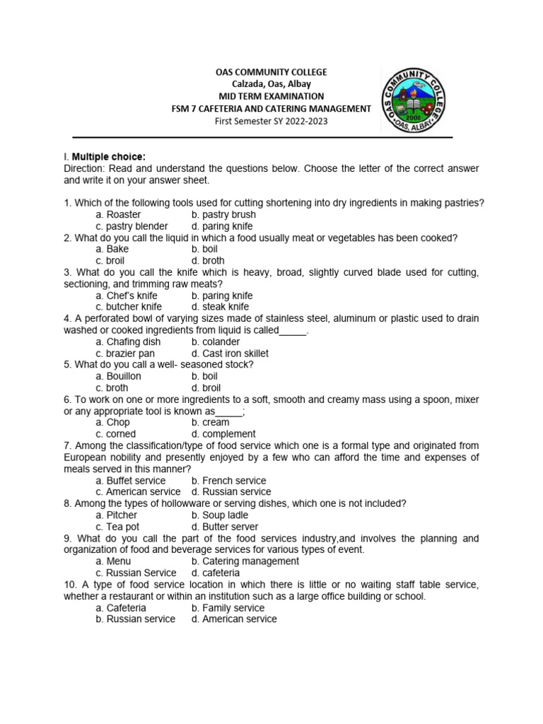 Cafeteria Midterm Exam | PDF | Restaurants | Foodservice