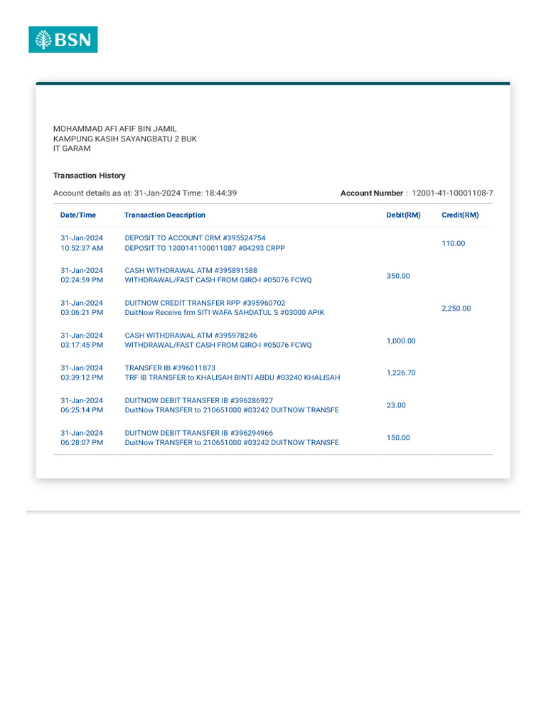 MyBSN - Transaction History - Bank Simpanan Nasional | PDF