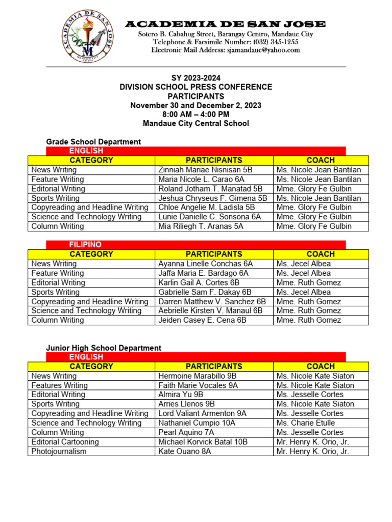 2023-2024 School Press Conference Participants | PDF