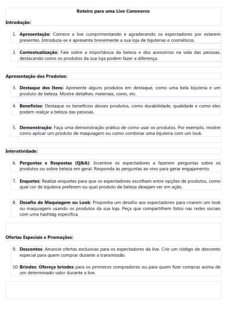 Roteiro para Uma Live Commerce | PDF | Beleza