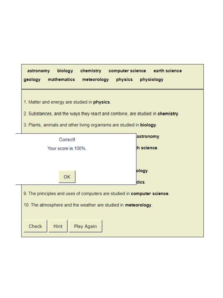 Vocabulary Branches of Science Practice 1 | PDF
