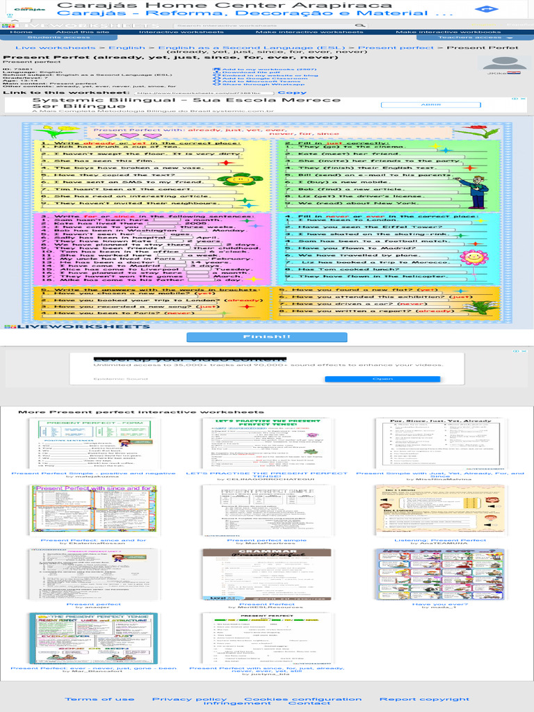Present Perfet (Already, Yet, Just, Since, For, Ever, Never) Worksheet ...