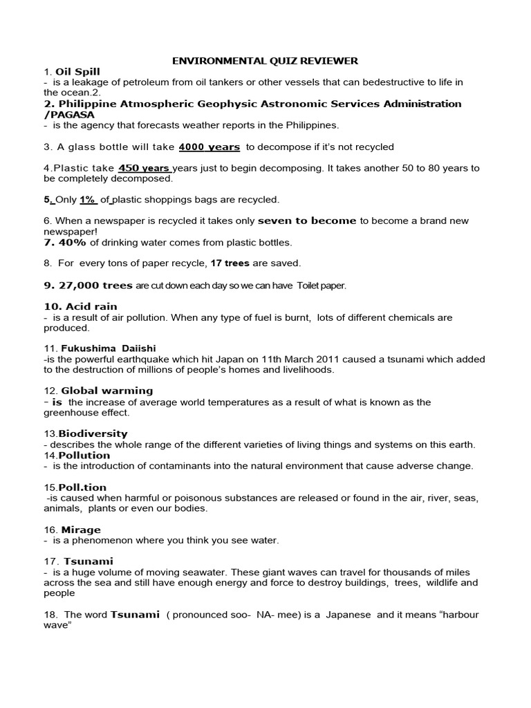 Environmental Awareness Quiz | PDF | Volcano | Atmosphere Of Earth