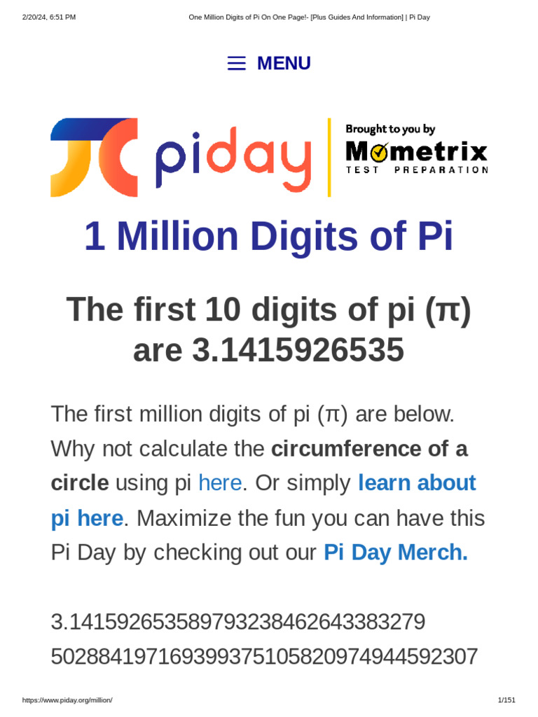 One Million Digits of Pi On One Page! - (Plus Guides and Information ...