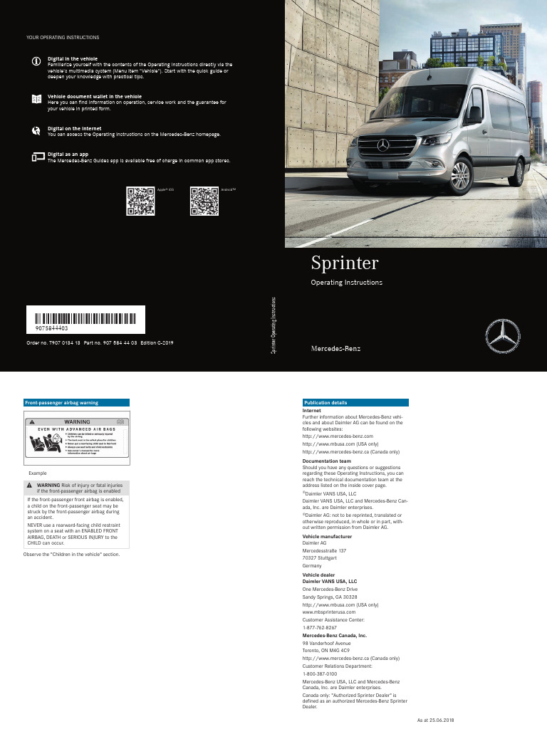 2019 Sprinter Operators Manual | PDF | Safety | Mercedes Benz Sprinter