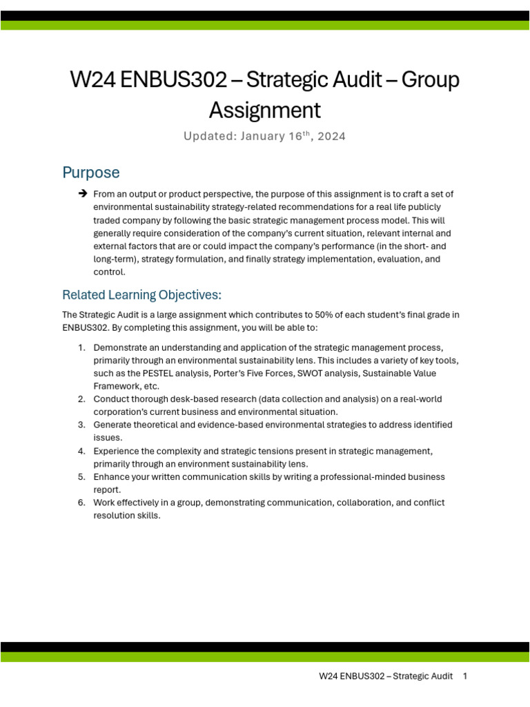 W24 ENBUS302 - Group Assignment - Strategic Audit | PDF | Strategic Management | Swot Analysis