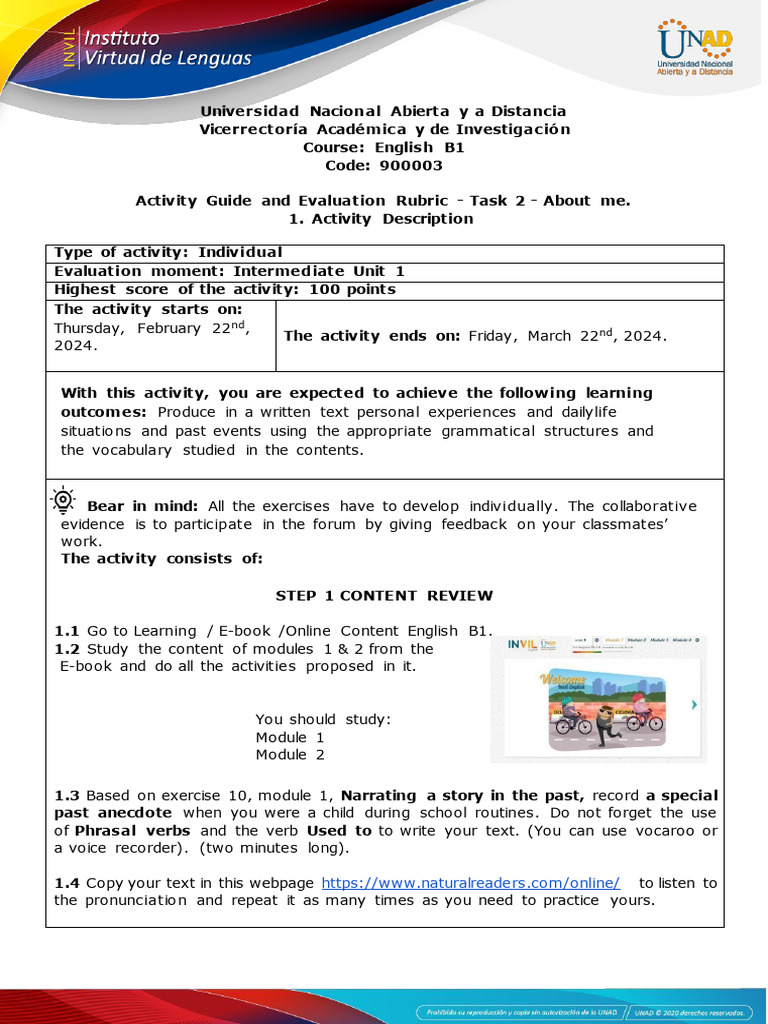 Activities Guide and Evaluation Rubric - Unit 1 - Task 2 - About Me | PDF | Question ...