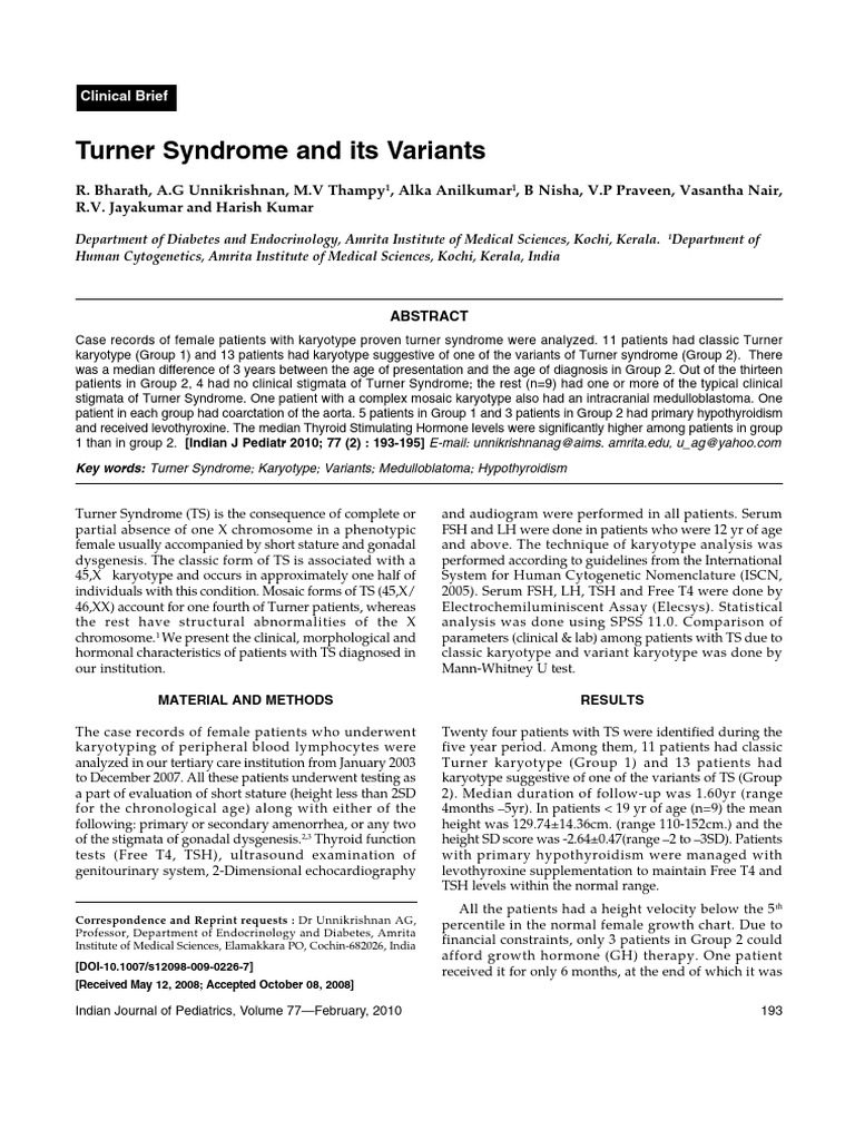 Turner Syndrome Variants: Clinical Insights | PDF | Karyotype ...