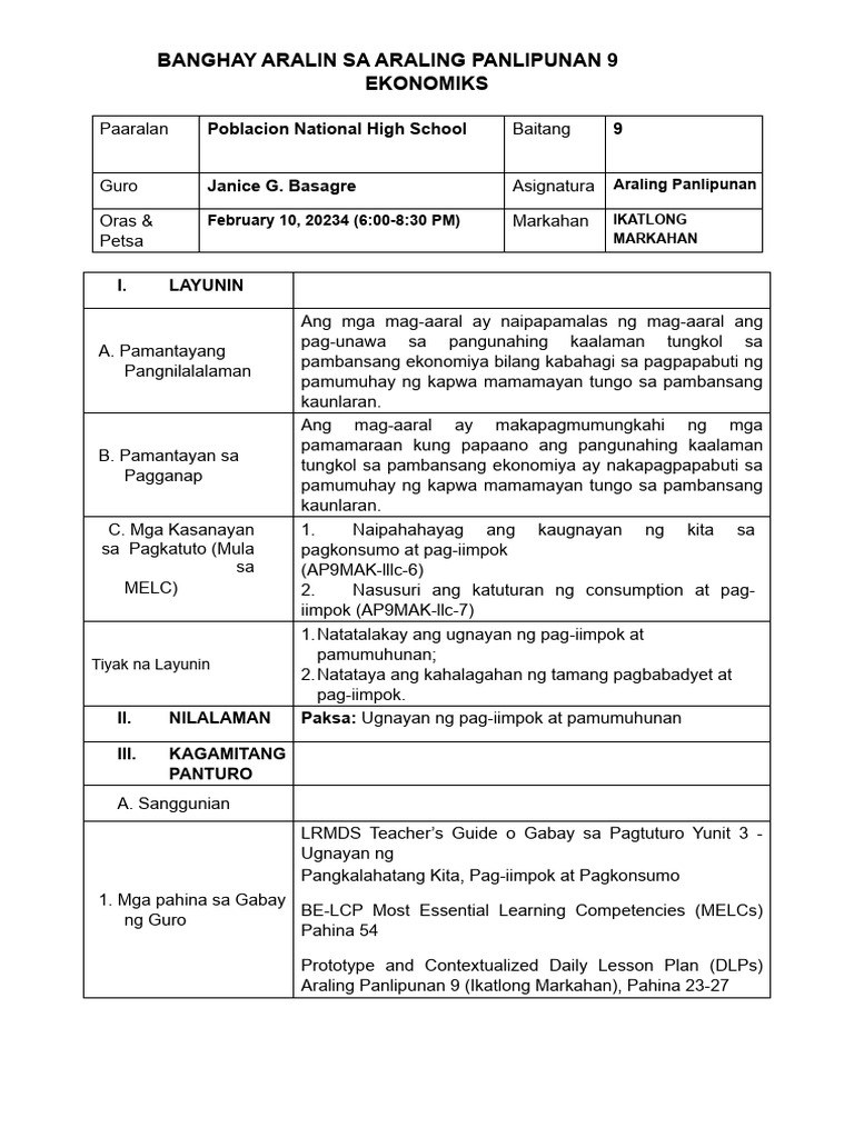 Lessos Plan For Micro Teaching - AP 9 - Pag-Impok at Pmumuhunan | PDF