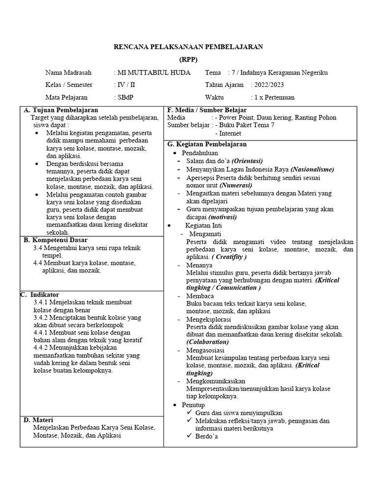 RPP SBDP Kelas 4 Adiwiyata SMT 2 | PDF