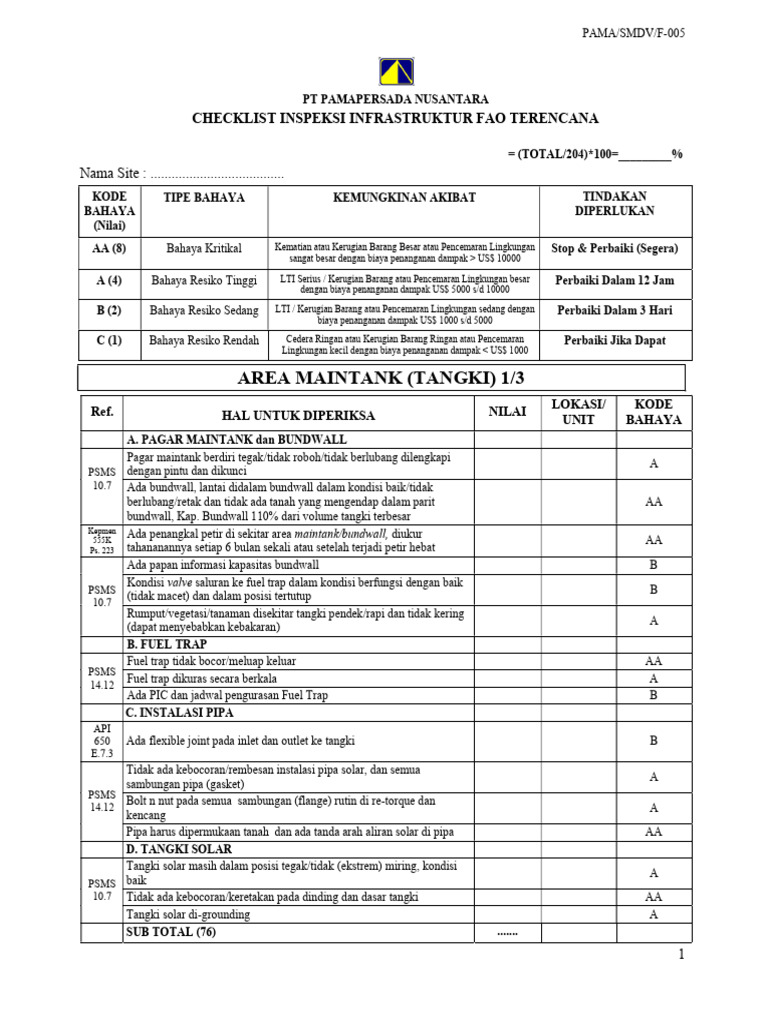 Checklist Inspeksi Maintank | PDF