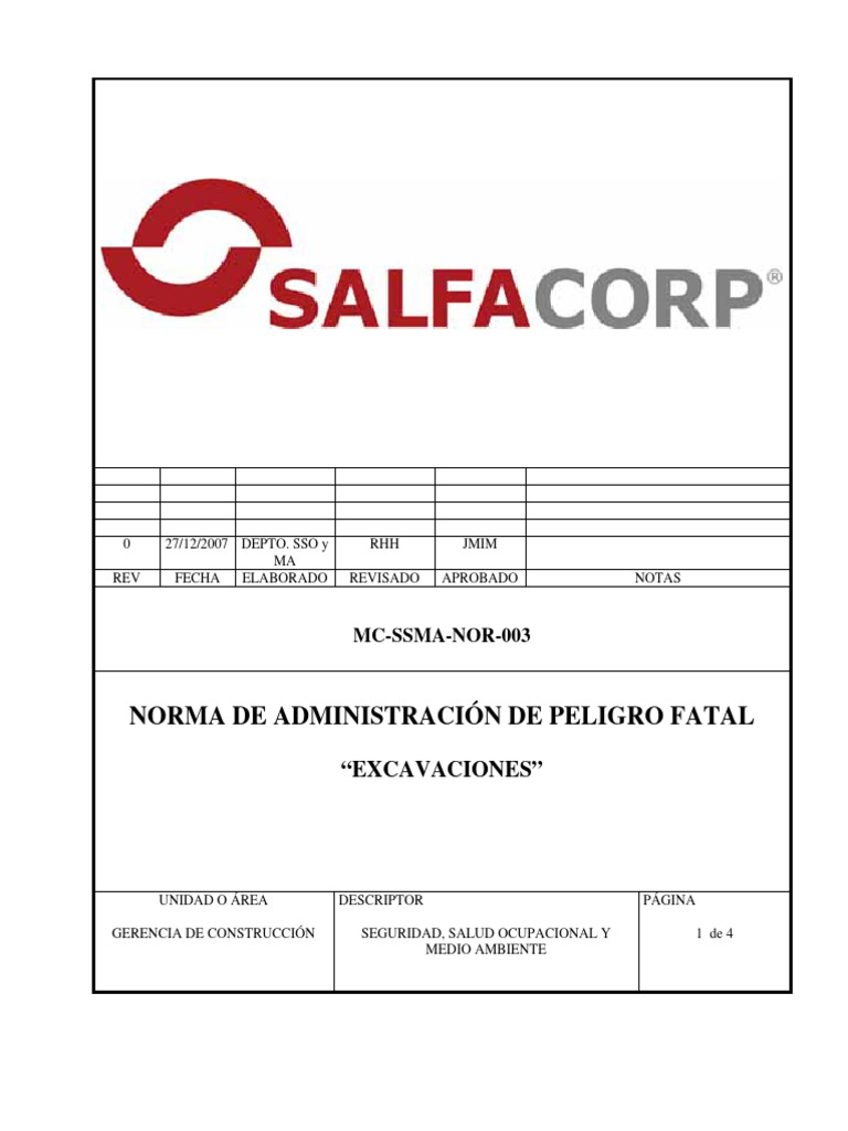 MC-SSMA-NOR-003 Norma de Administración de Peligro Fatal Excavaciones ...