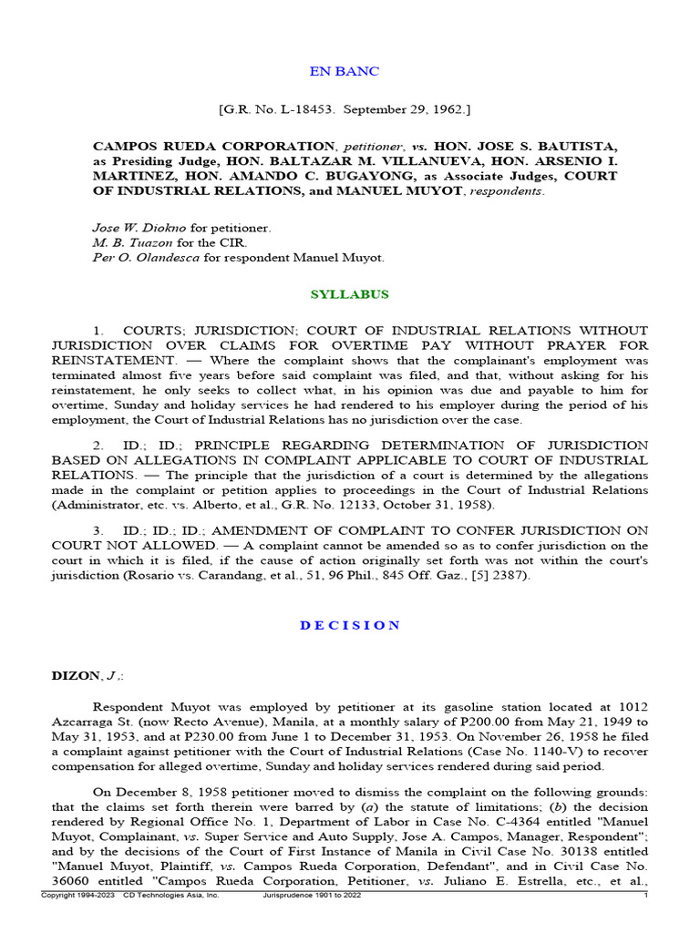 Campos Rueda Corp. vs. Bautista, 6 SCRA 240 | PDF | Complaint | Lawsuit