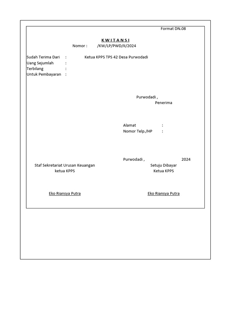 Kwitansi Pembayaran KPPS Purwodadi | PDF