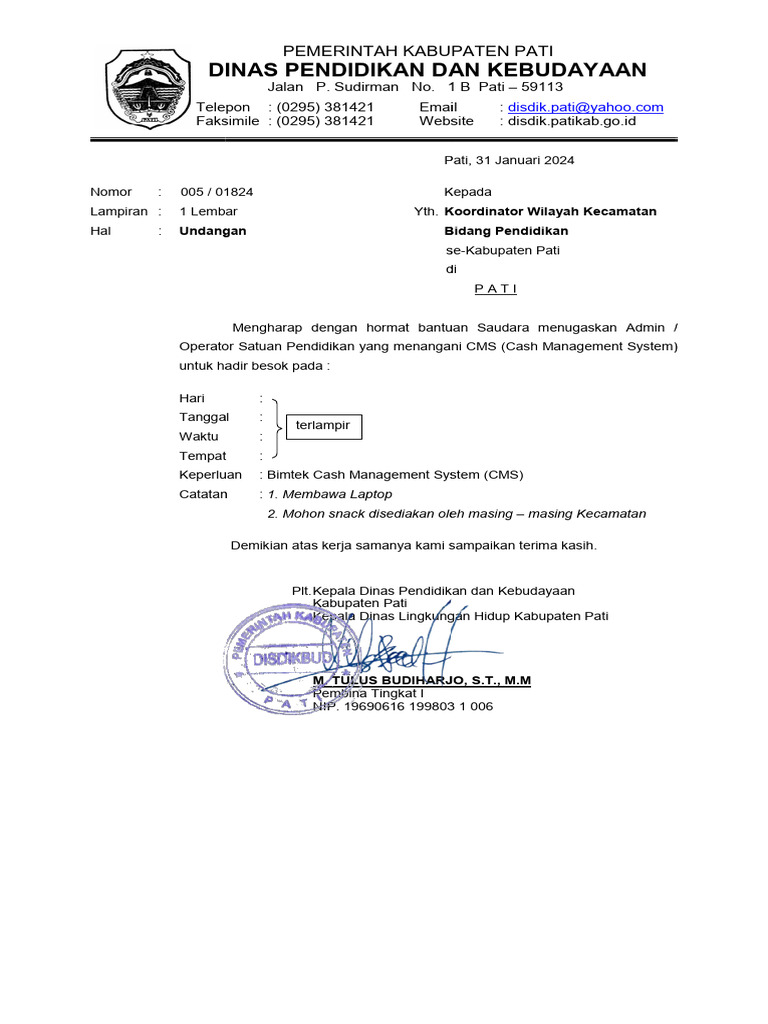 Undangan Bimtek CMS Dinas Pendidikan Pati | PDF
