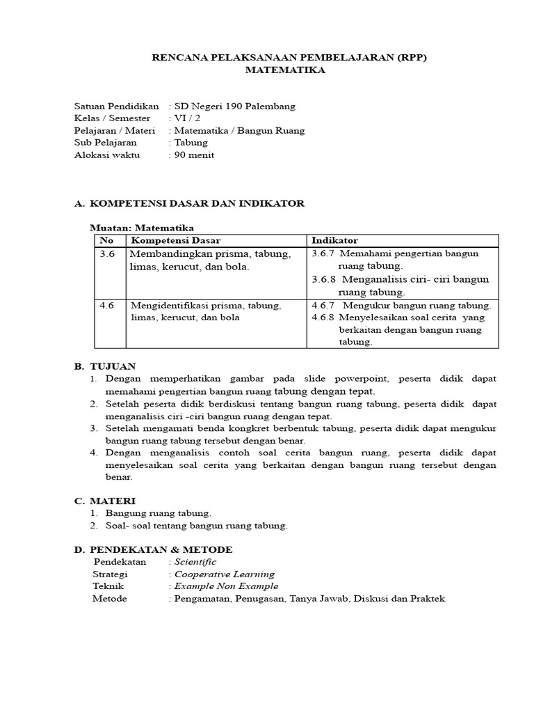 Rencana Pelaksanaan Pembelajaran (RPP) Matematika | PDF