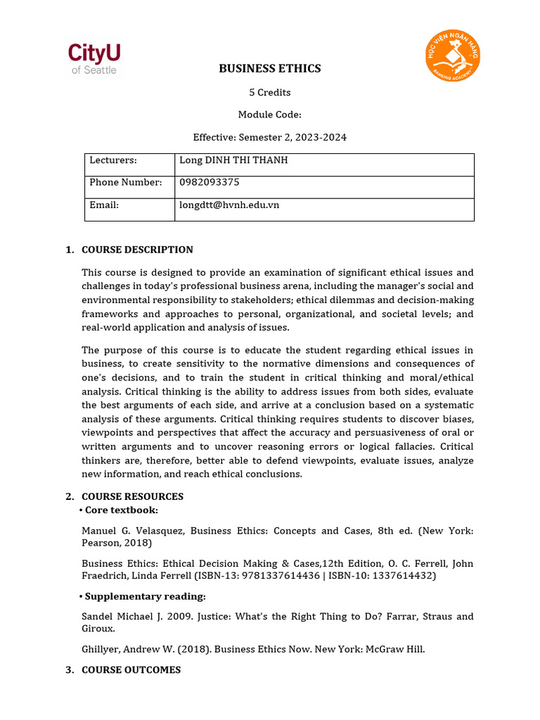 BUSINESS ETHICS Syllabus - 2024 | PDF