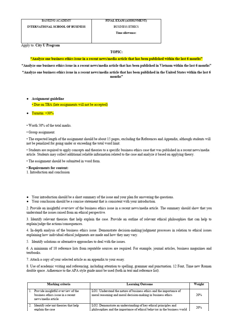 Business-Ethics-Assignment-and-marking-rubric 2023-2024 | PDF