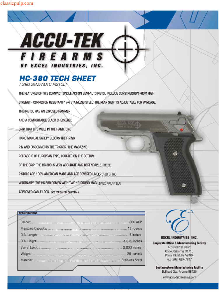 Accu-Tek HC-380 Pistol Tech Sheet - NoRestriction | PDF