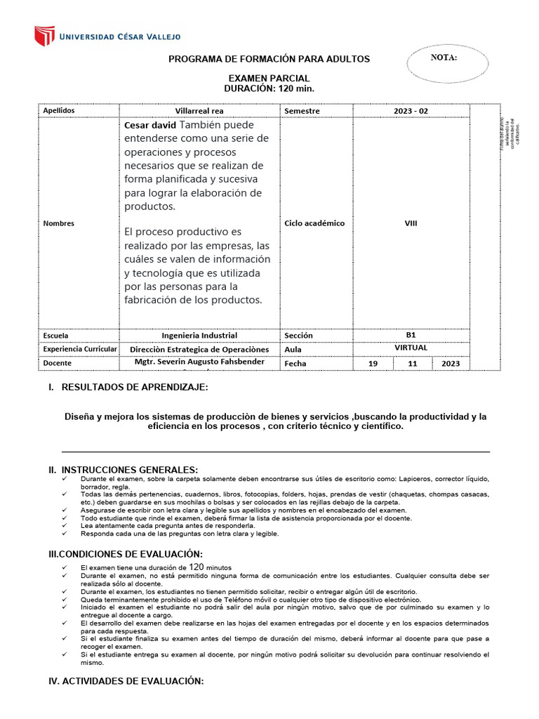 EXAMEN PARCIAL CURSO DIRECCION ESTRATEGICA DE OPERACIONES Villarreal Rea Cesar | PDF | Business ...