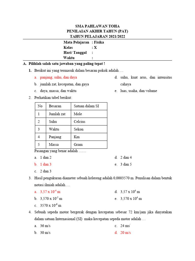Soal PAT Fisika Kelas X 2022 | PDF