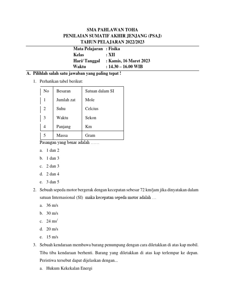 SOAL PSAJ Fisika Tahun 2023 | PDF