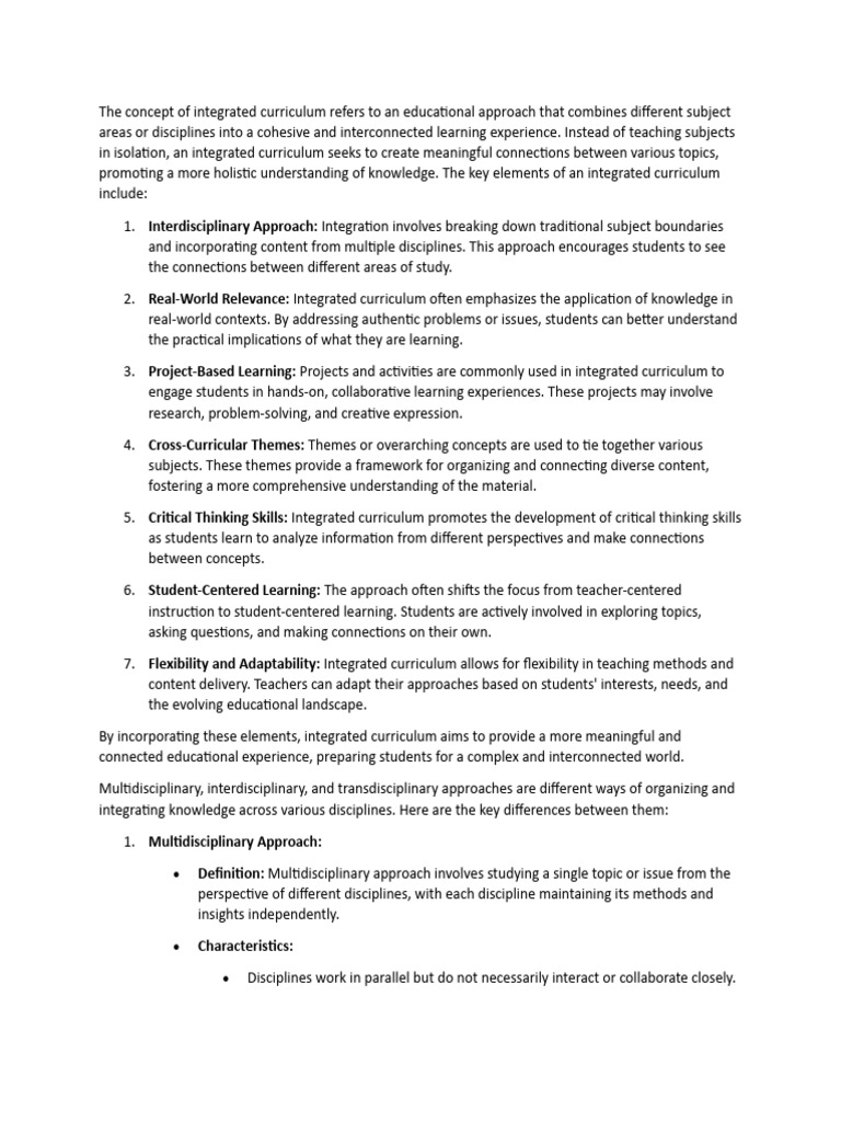 The concept of integrated curriculum refers to an educational approach ...