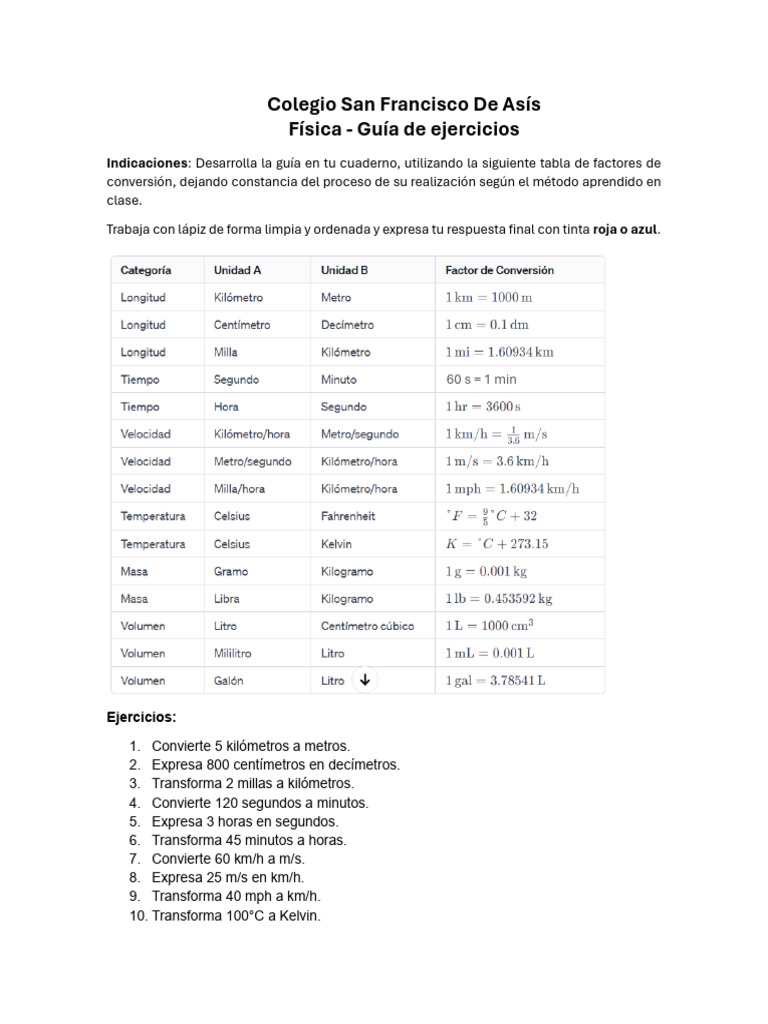 Guia de Ejercicios de Conversion de Unidades - 10 Ejercicios | PDF