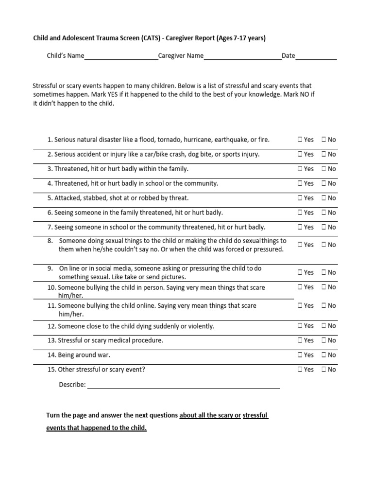 Child and Adolescent Trauma Screen (CATS) Caregiver Report (Ages 7-17 ...