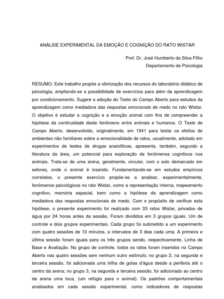 Análise Experimental Da Emoção e Cognição Do Rato Wistar | PDF ...