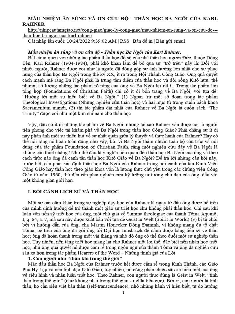 MẦU NHIỆM ÂN SỦNG VÀ ƠN CỨU ĐỘ-K. RAHNER | PDF