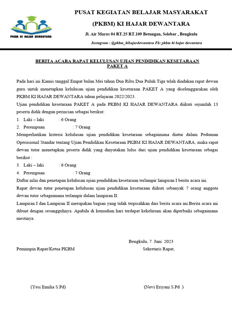 Rapat Kelulusan Paket A PKBM 2023 | PDF