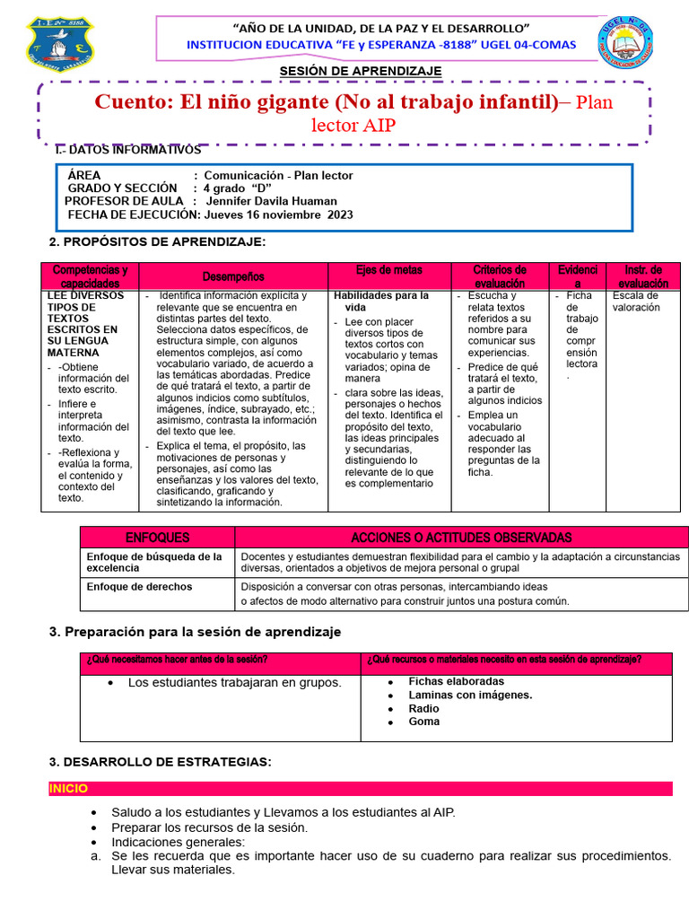 Plan Lector-Cuento El Niño Gigante | PDF | Aprendizaje | Enseñando