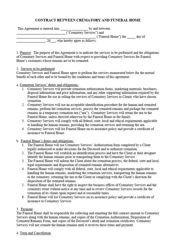 Crematory-Funeral Home Contract Template | PDF | Cremation | Funeral