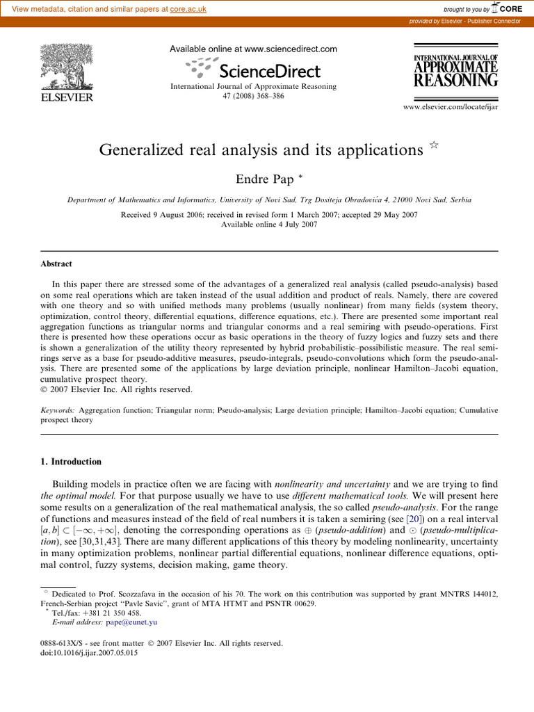 Generalized Real Analysis and Its Applications: Endre Pap | PDF