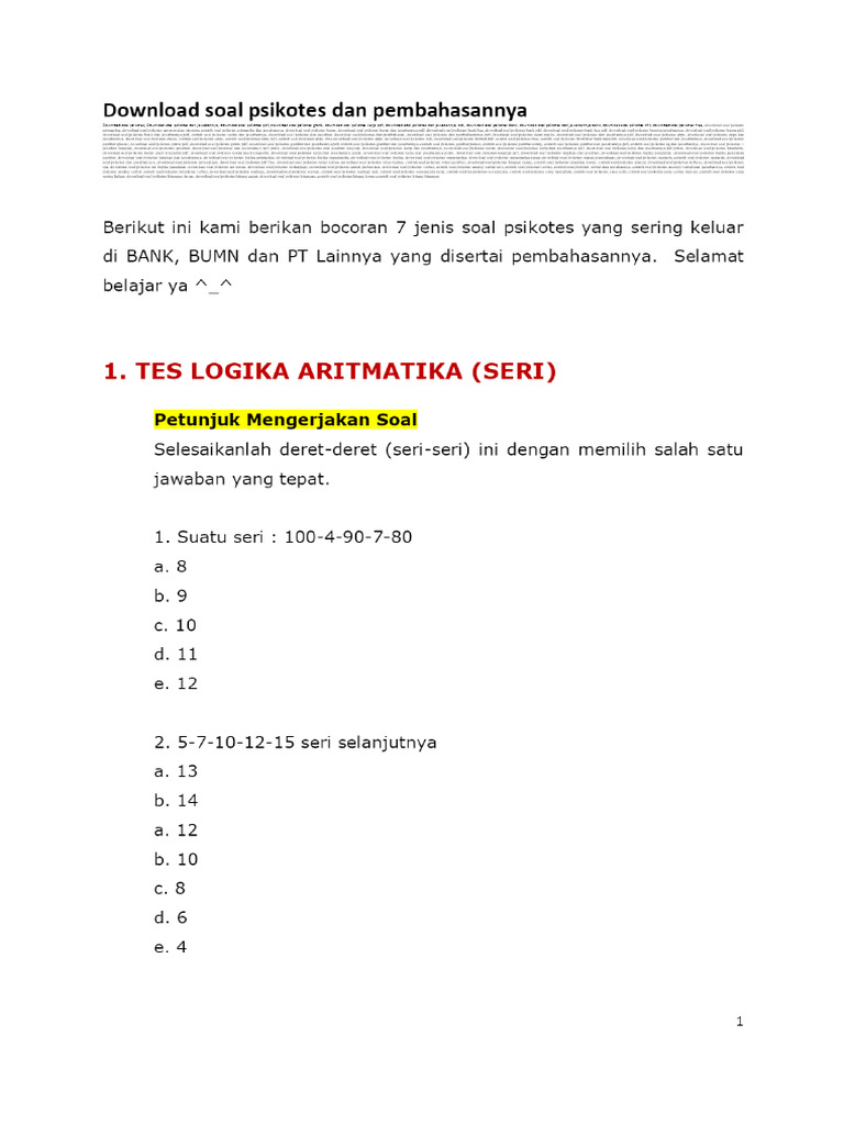 Soal Psikotes Dan Pembahasannya 1. TES LOGIKA ARITMATIKA (SERI) - PDF | PDF