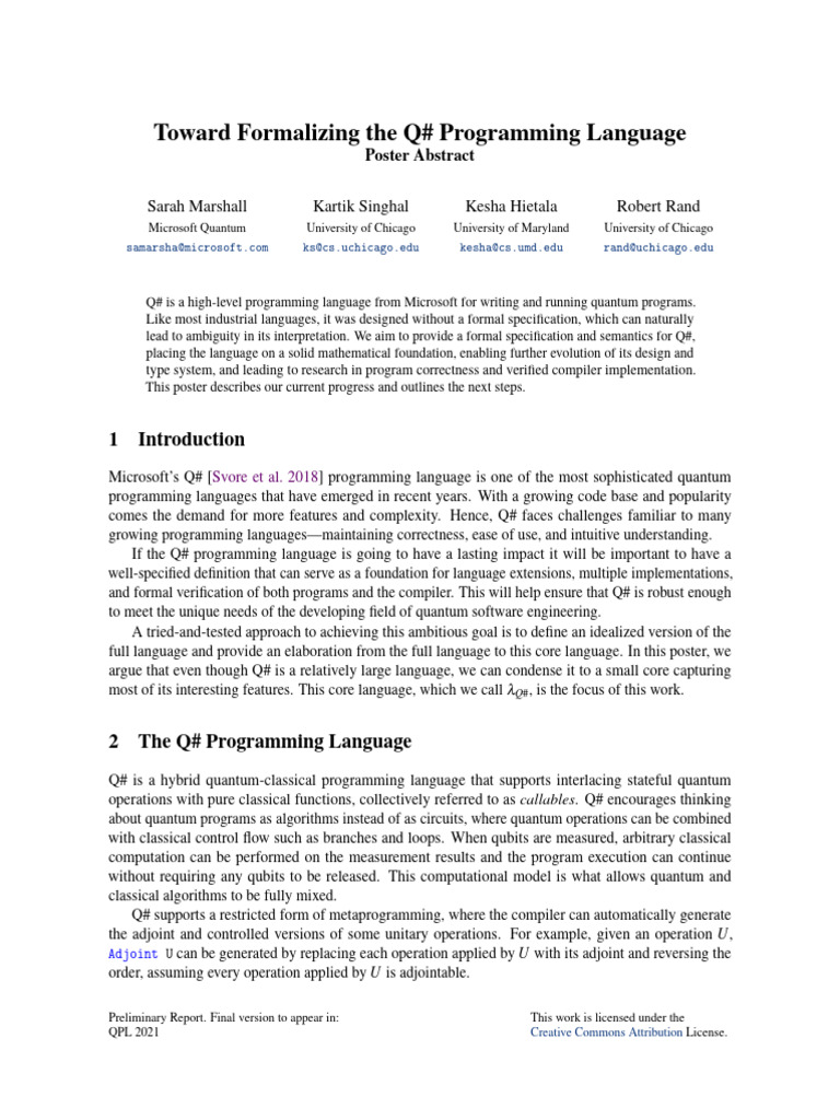 Toward Formalizing The Q# Programming Language (Marshall) | PDF | Programming Language ...