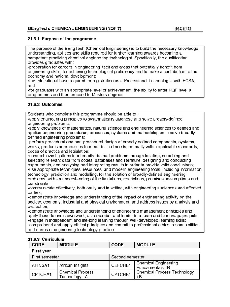 BEngTech in Chemical Engineering Overview | PDF | Engineering ...