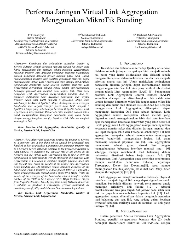 Performa Jaringan Virtual Link Aggregation Menggunakan MikroTik Bonding | PDF