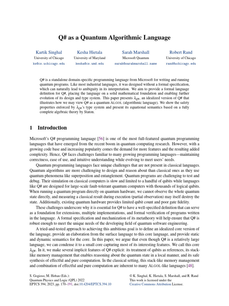 Q As A Quantum Algorithmic Language Singhal Pdf Quantum Computing Programming Language 