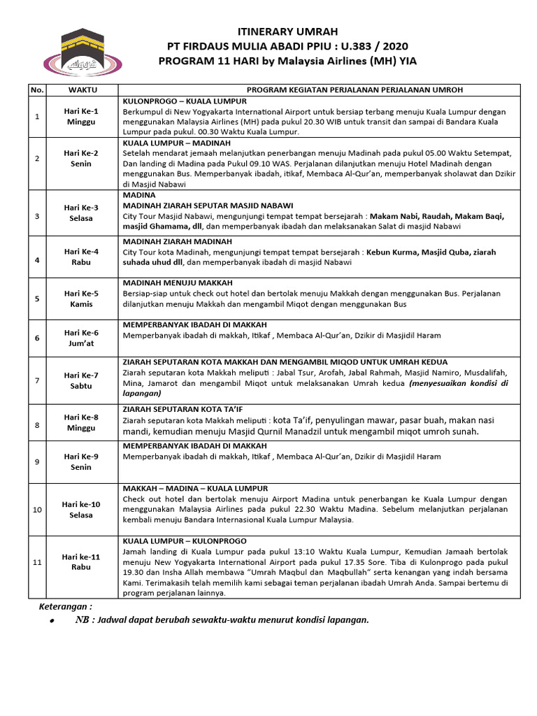Itinerary Umrah BY MH PROGAM 11 HARI (KUL-MED-MED-KUL) | PDF