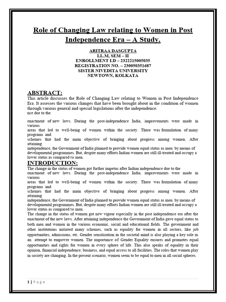 Role of Changing Law Relating To Women in Post Independence Era | PDF ...