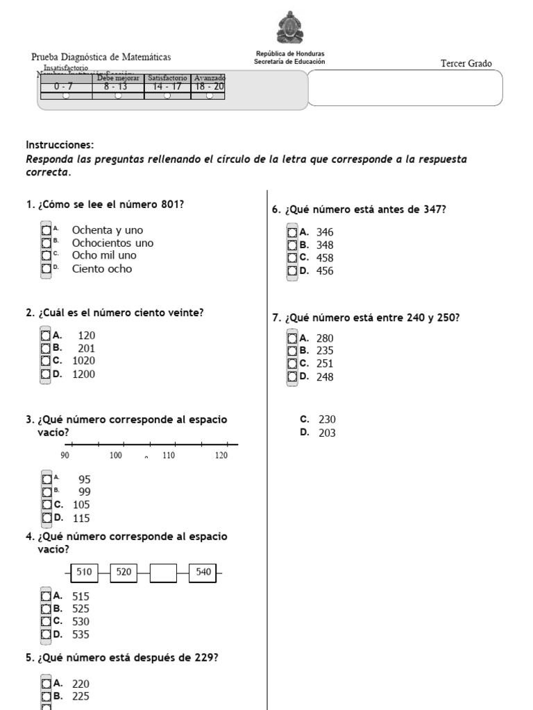Prueba Diagnostica Matematicas 3er Grado | PDF