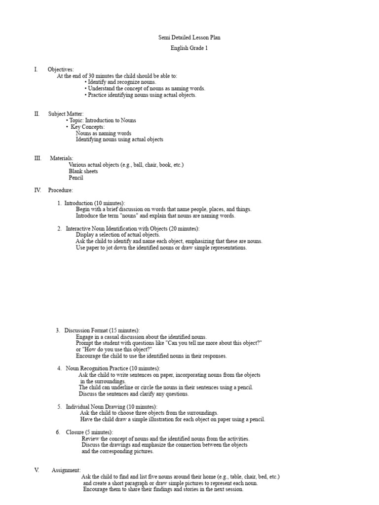 Grade 1 Noun Lesson Plan | PDF | Lesson Plan | Noun