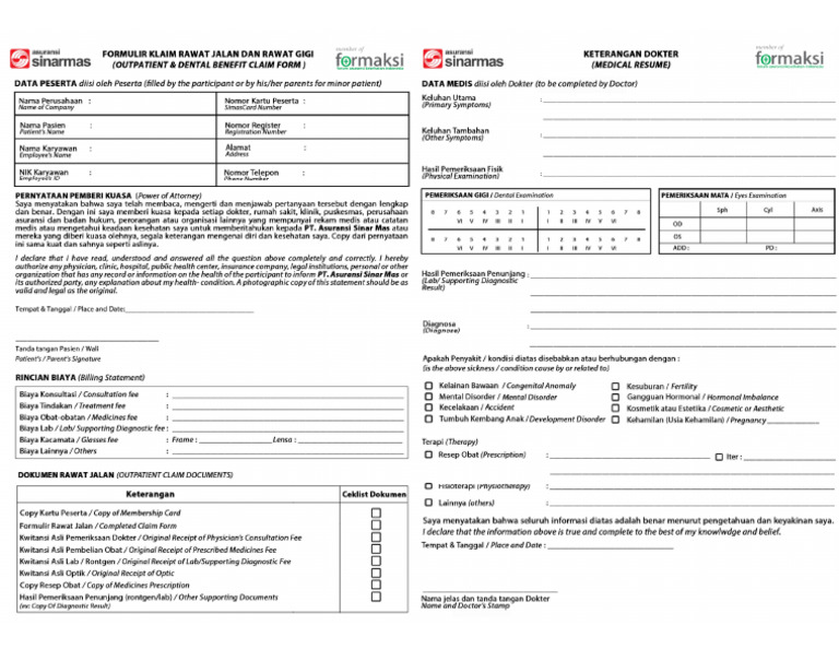 Form Kesehatan Rawat Jalan Asuransi Sinar Mas | PDF