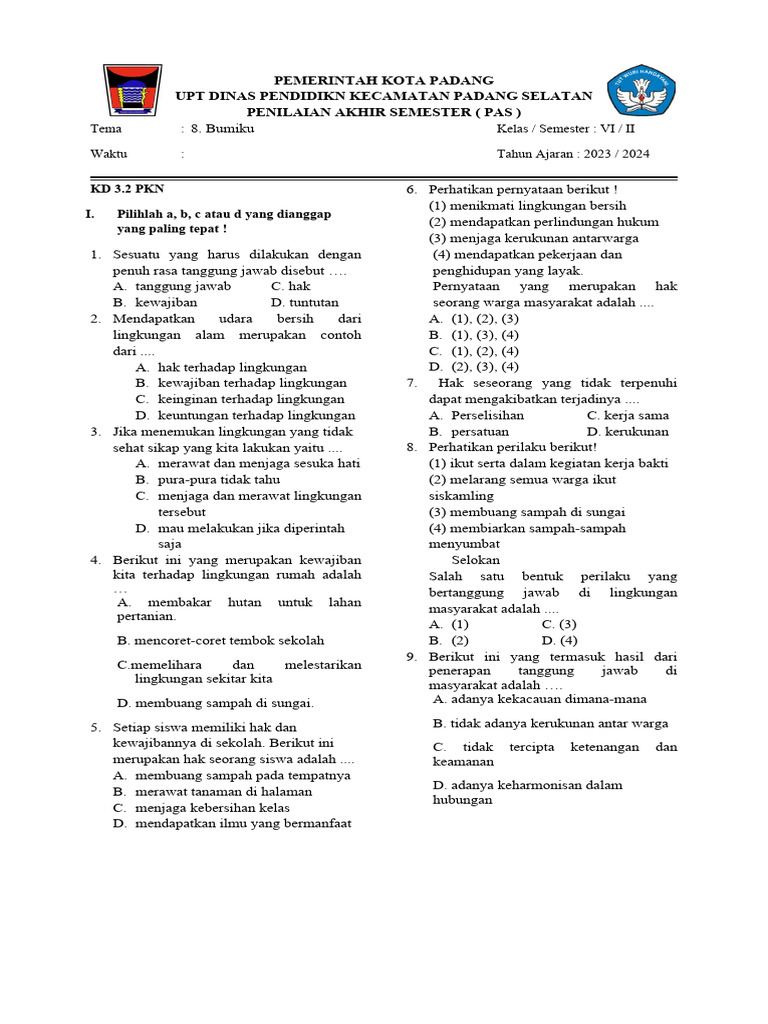Soal Pas KLS 6 Semester 2 | PDF