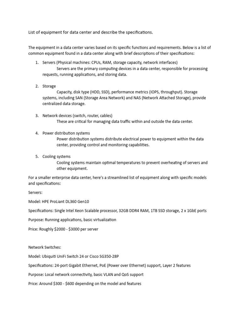List of Equipment For Data Center and Describe The Specifications | PDF